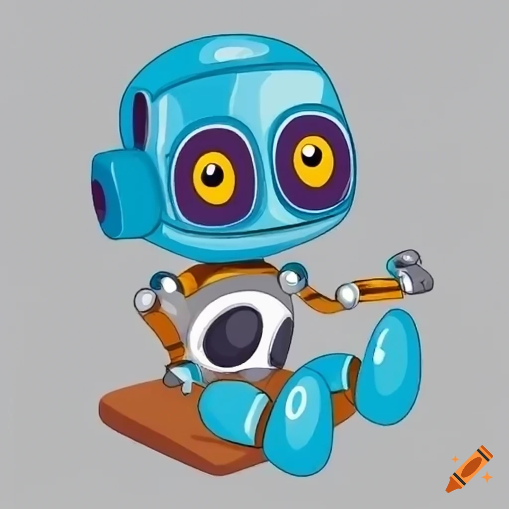 A cute cartoon robot sitting on a bus, resting its feet
