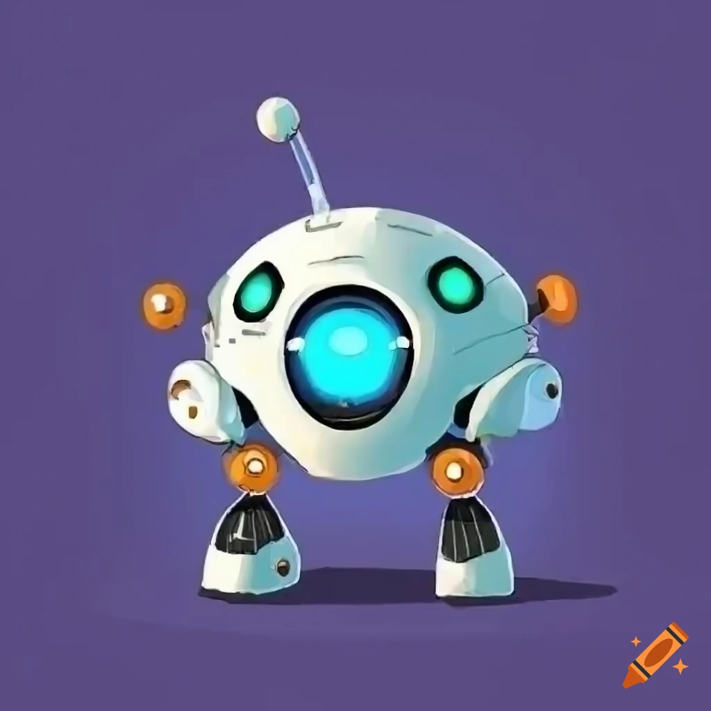 A cute and epic round robot, anime, hyper-detailed, white background
