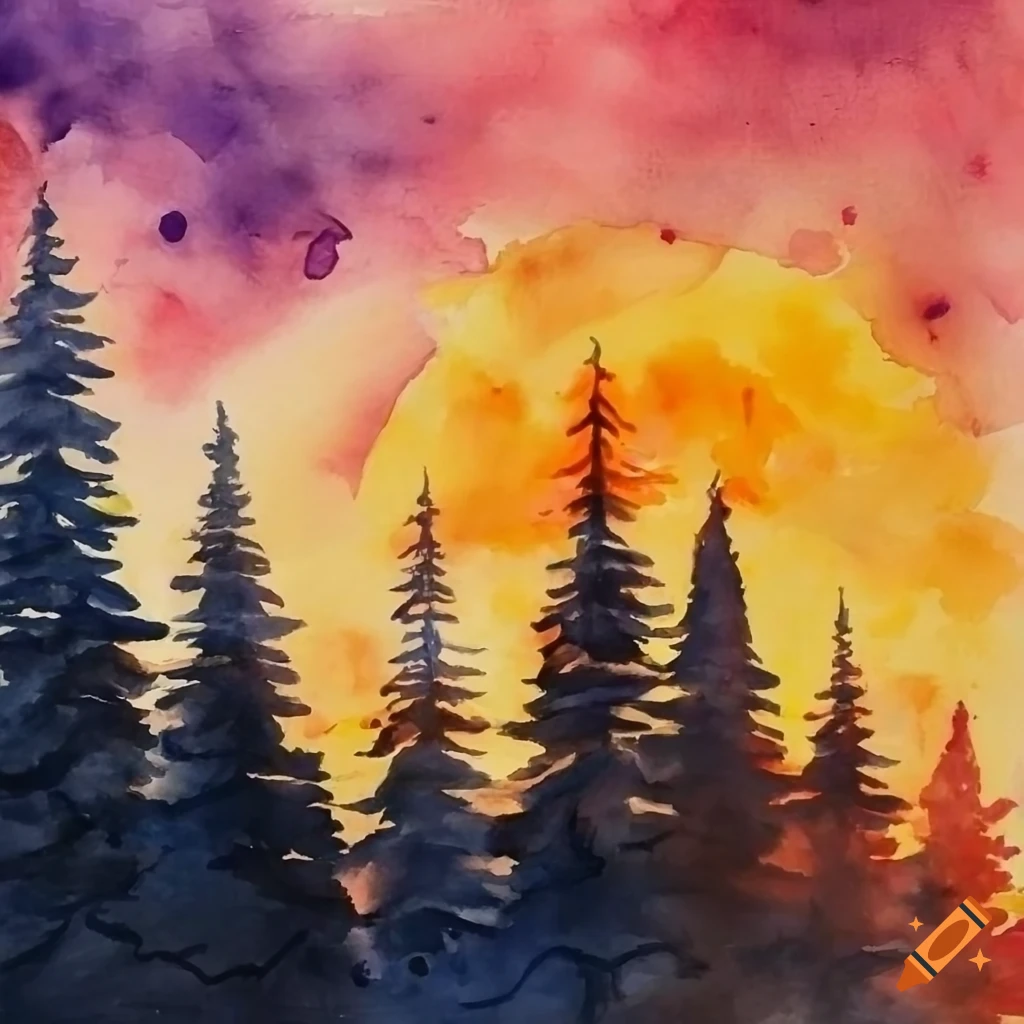 Painting of a pine trees under a beautiful sunset sky