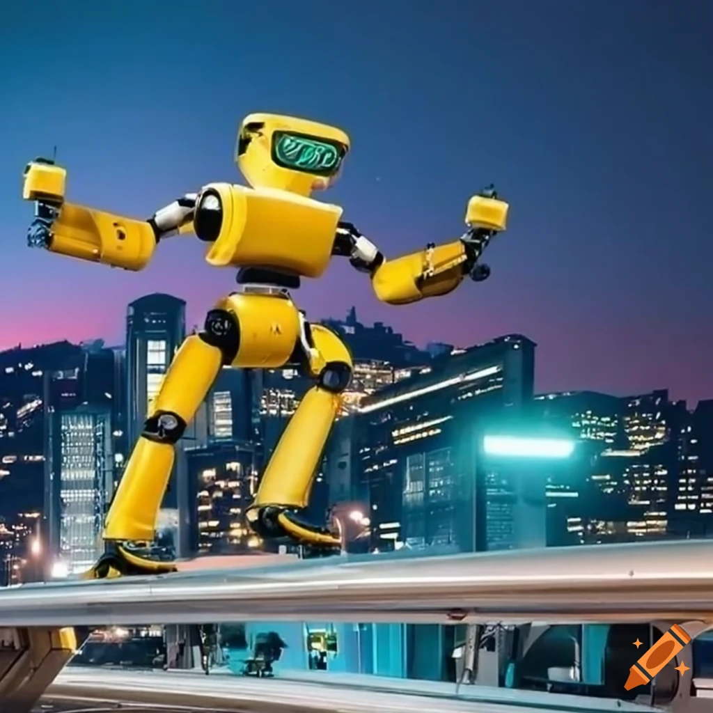 Robots work on elevated monorail track in retrofuturistic cityscape at ...