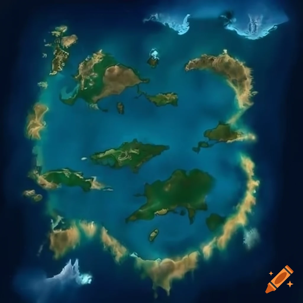 A fantasy world map that has 3 continents and vast oceans on Craiyon