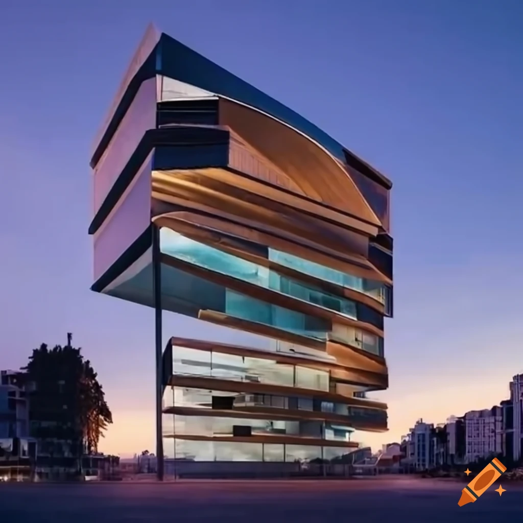 Facade of a modern 10-story coastal building with all views on Craiyon