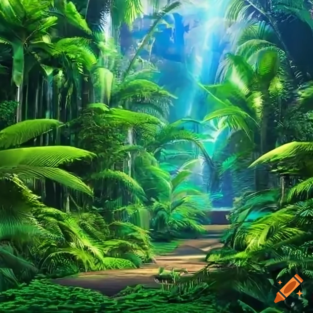 Lush forest that opens into a tropical jungle paradise, high fantasy ...