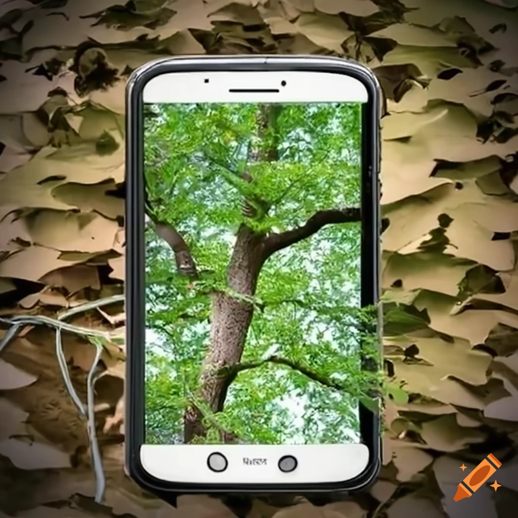 A cell phone with a tree growing out of the screen on Craiyon