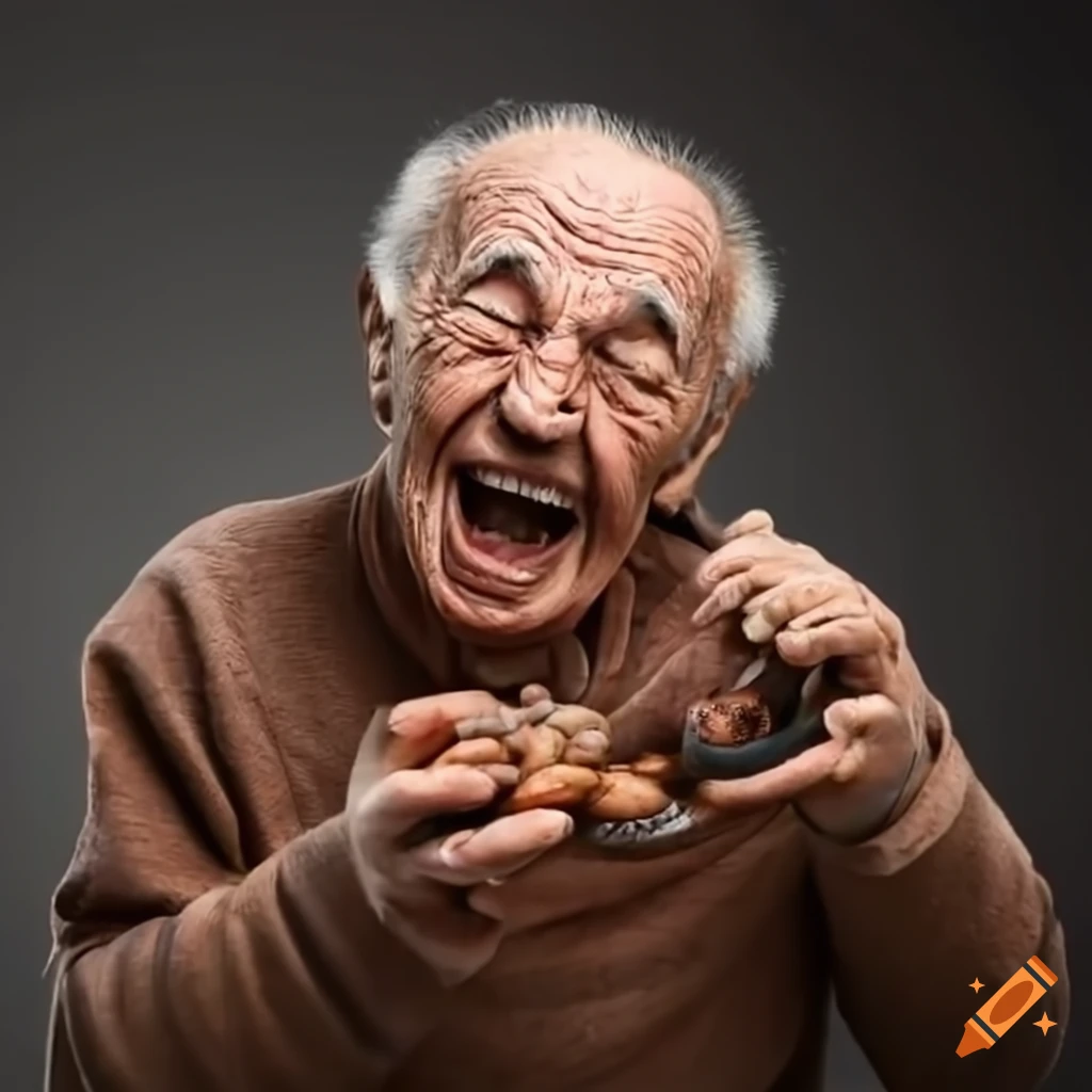 Laughing old man cracking nut shells