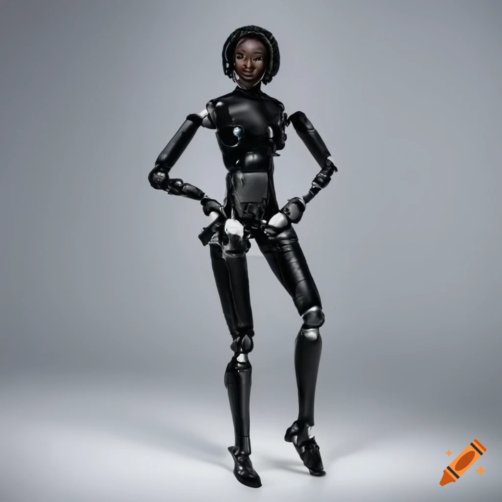 Tall black action female figure body humanoid robot, short legs