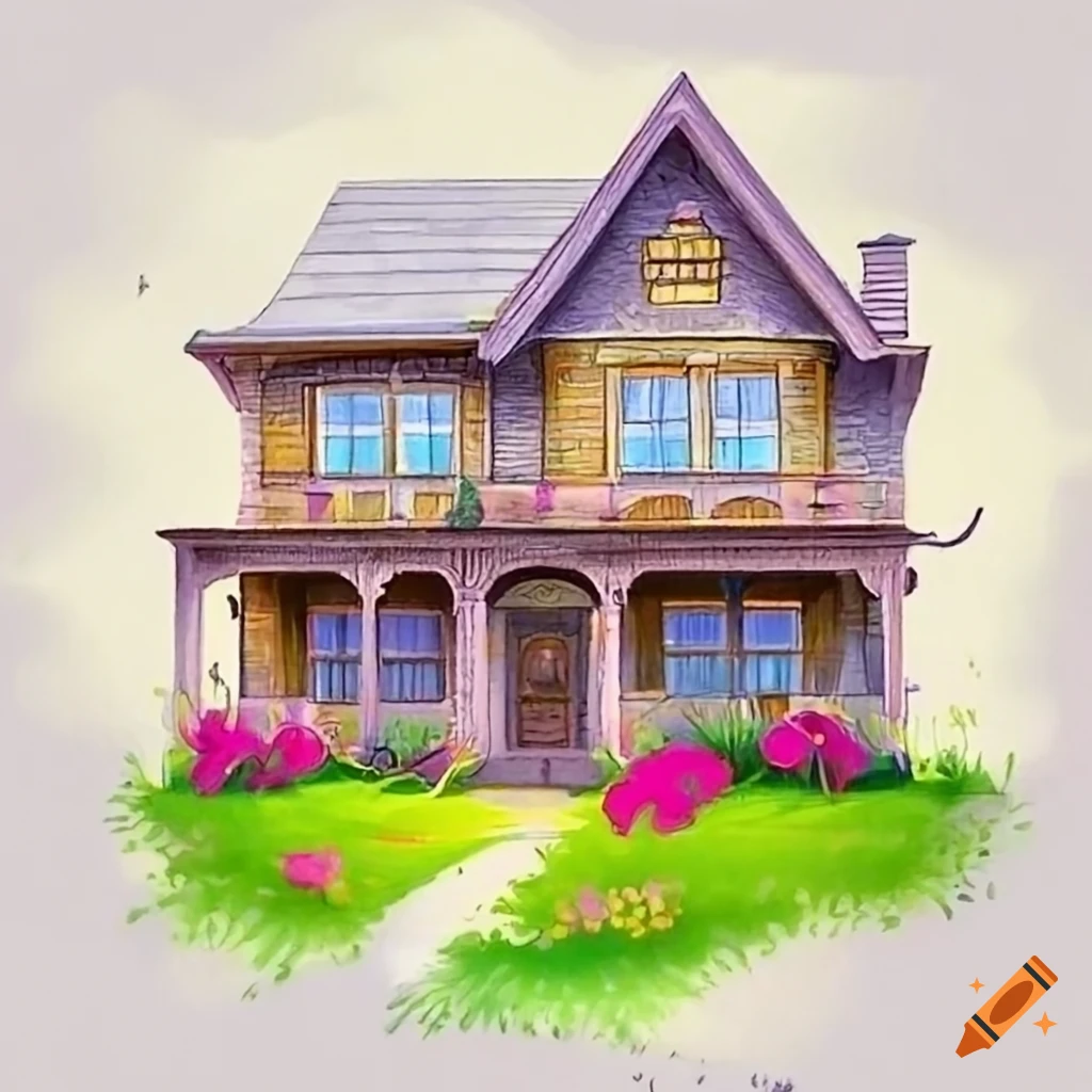 House with flowers in coloring book style