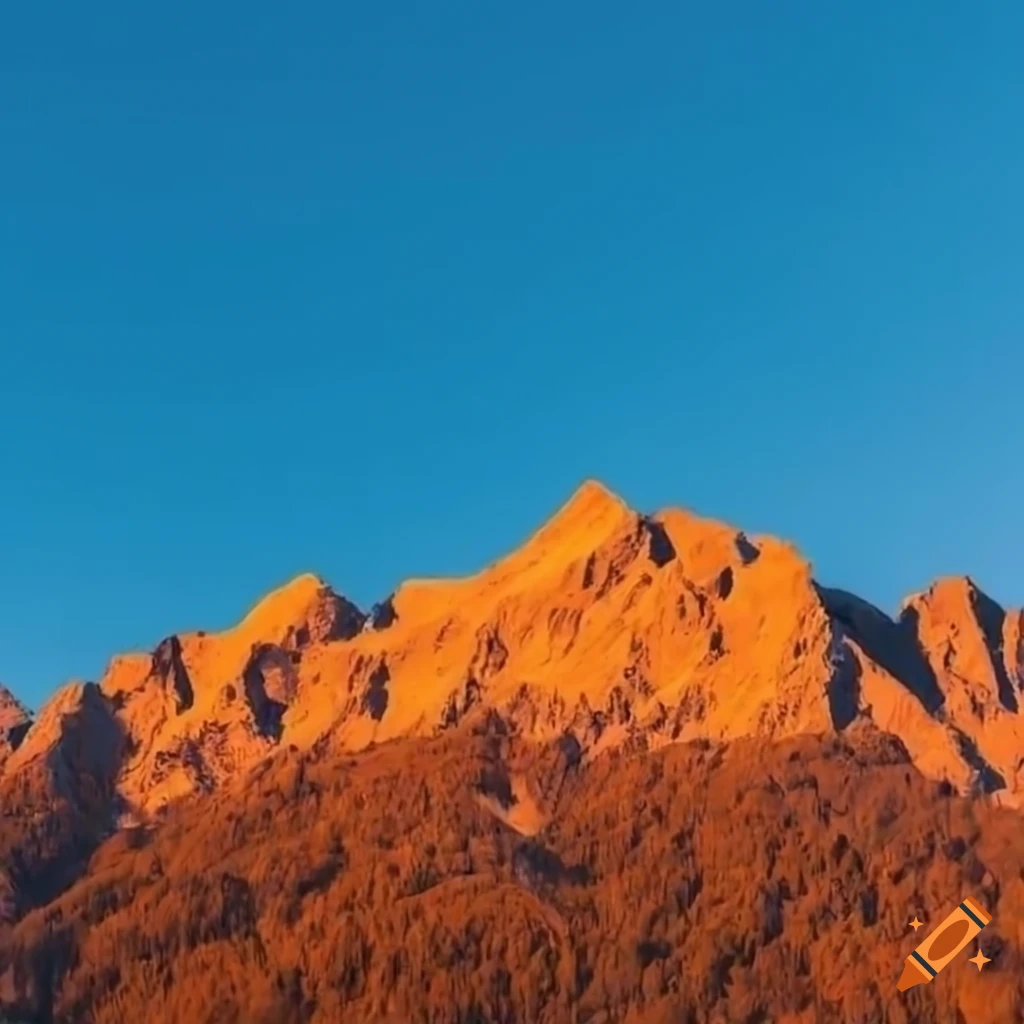 Mountain landscape with a beautiful blue and orange sky on Craiyon