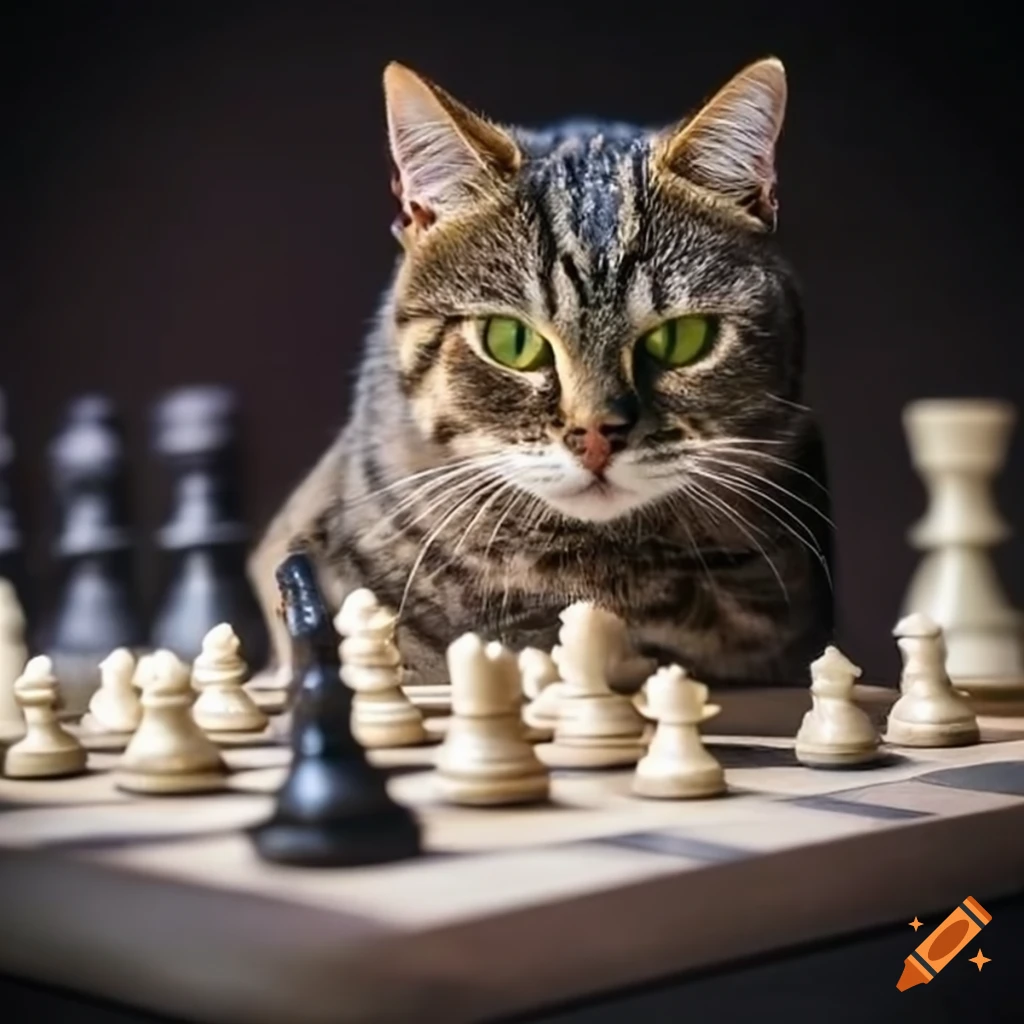 A cat with chess pieces on a board on Craiyon