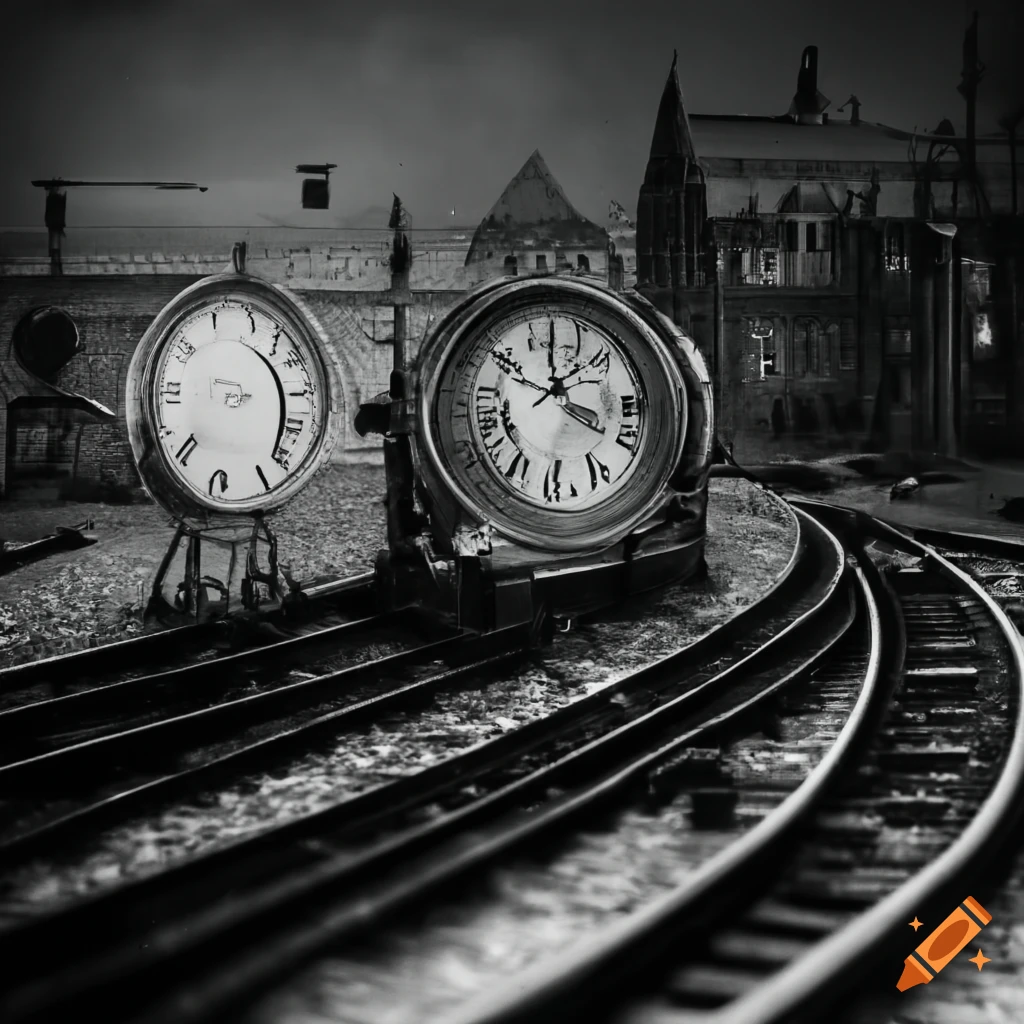 Photo of rail network with trains, surreal clock, solarization ...