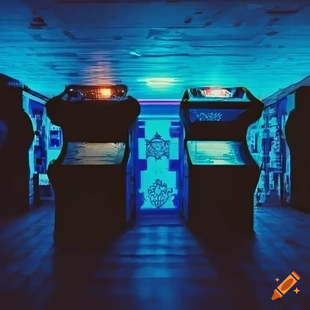 Arcade room, blue walls, checkered floor, dark, nighttime, arcade ...