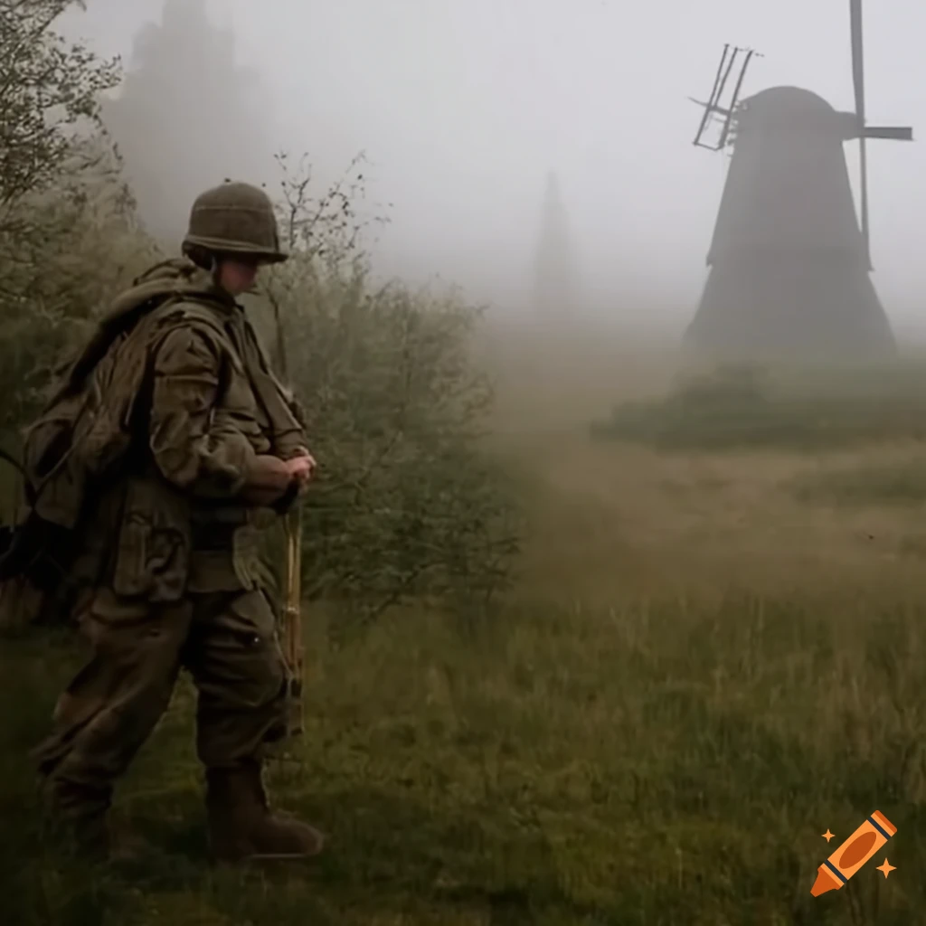 WW2 US Marines on a foggy day overlooking a grassy plain windmill ...