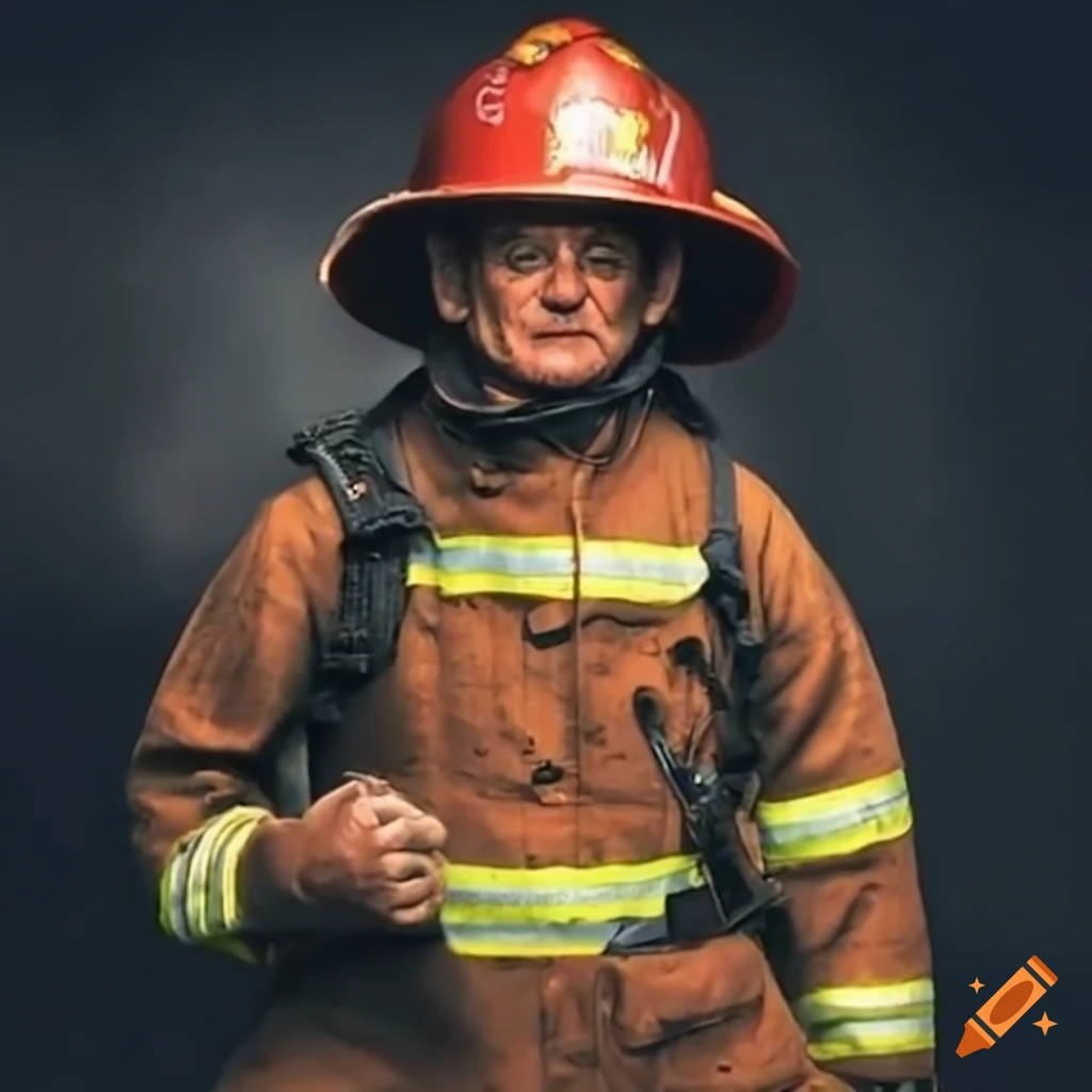 Bill murray in a fire fighter outfit running out of a burning building