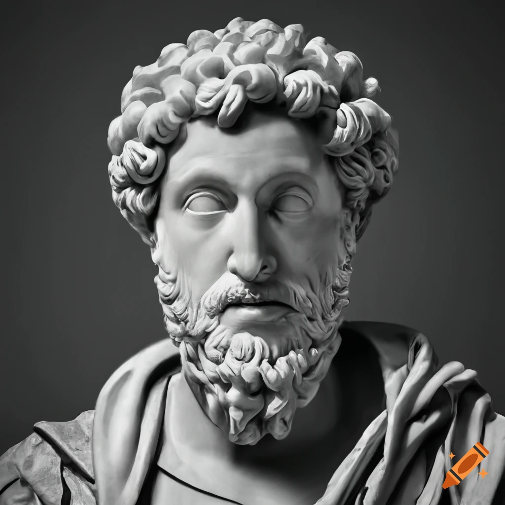 A portrait of the stoic Marcus Aurelius in black and white 16:9 ratio ...