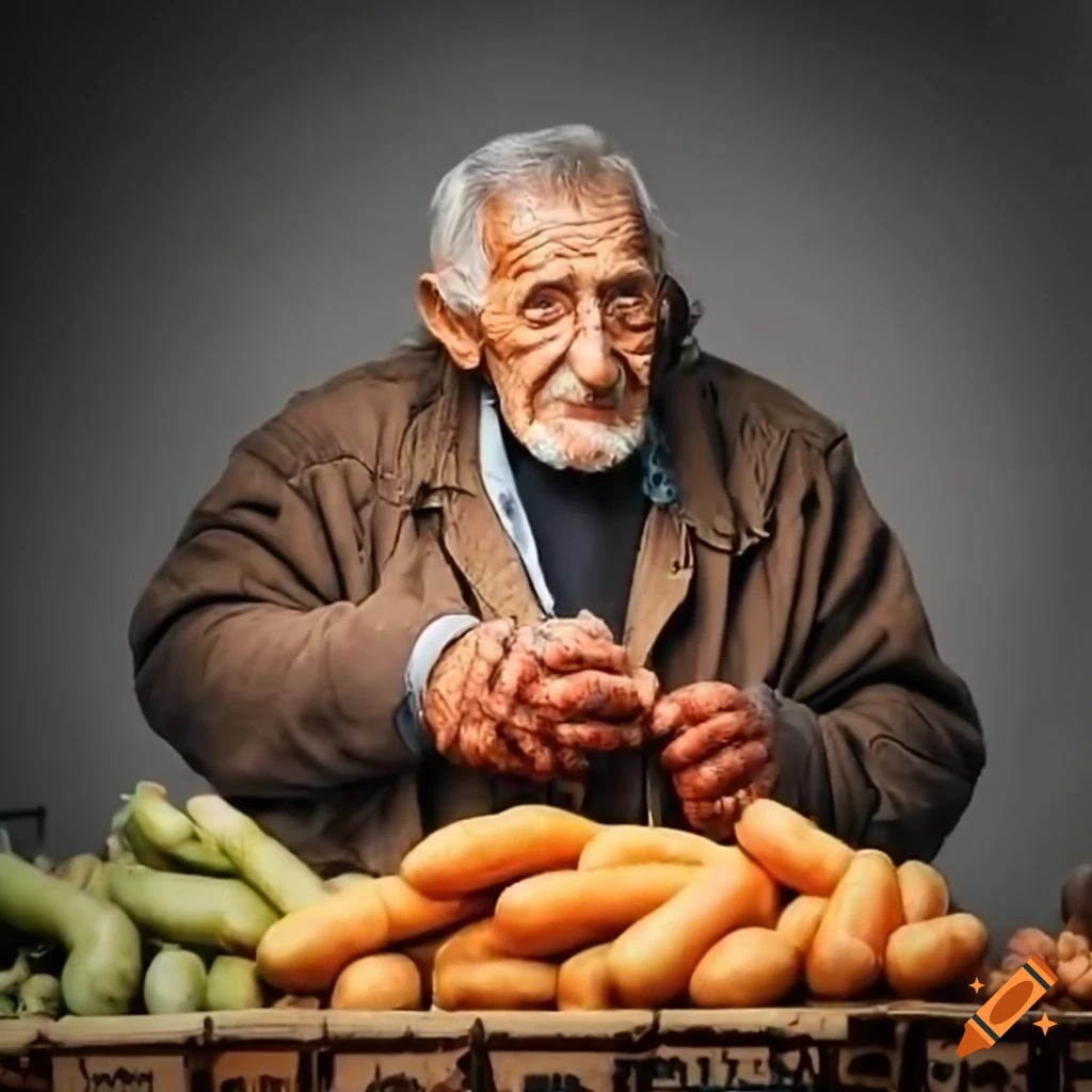 Old french man selling fresh produce at a market stall on Craiyon