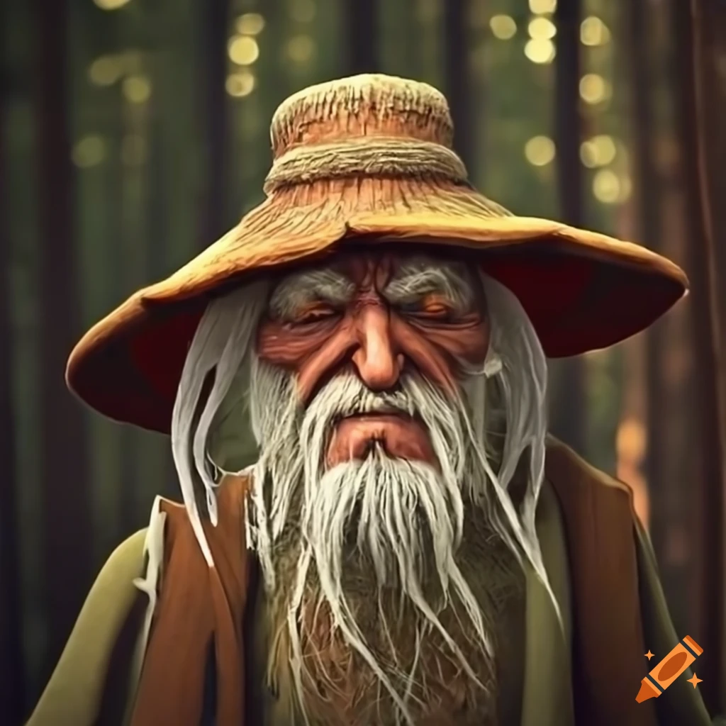 Old blind shaman man with hat in pine woods