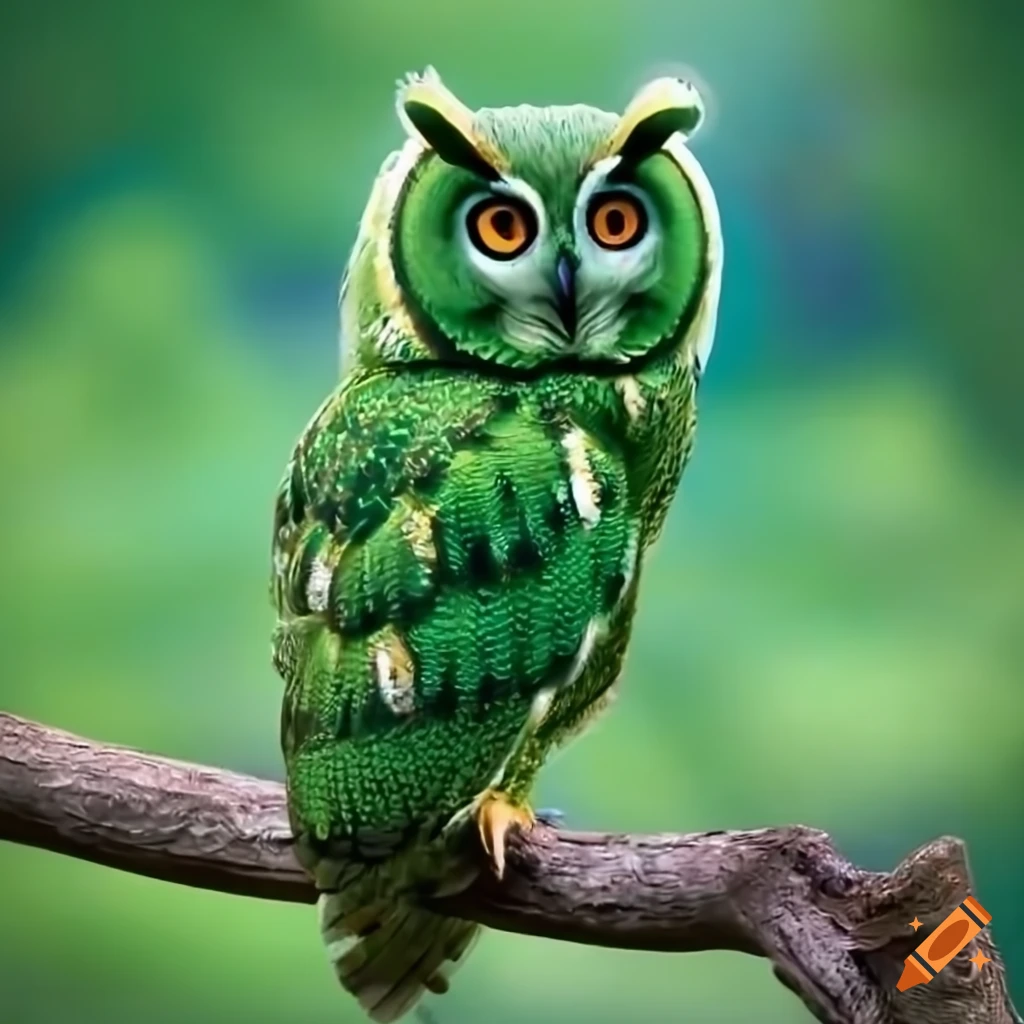 An animated emerald-green owl sitting on a branch on Craiyon