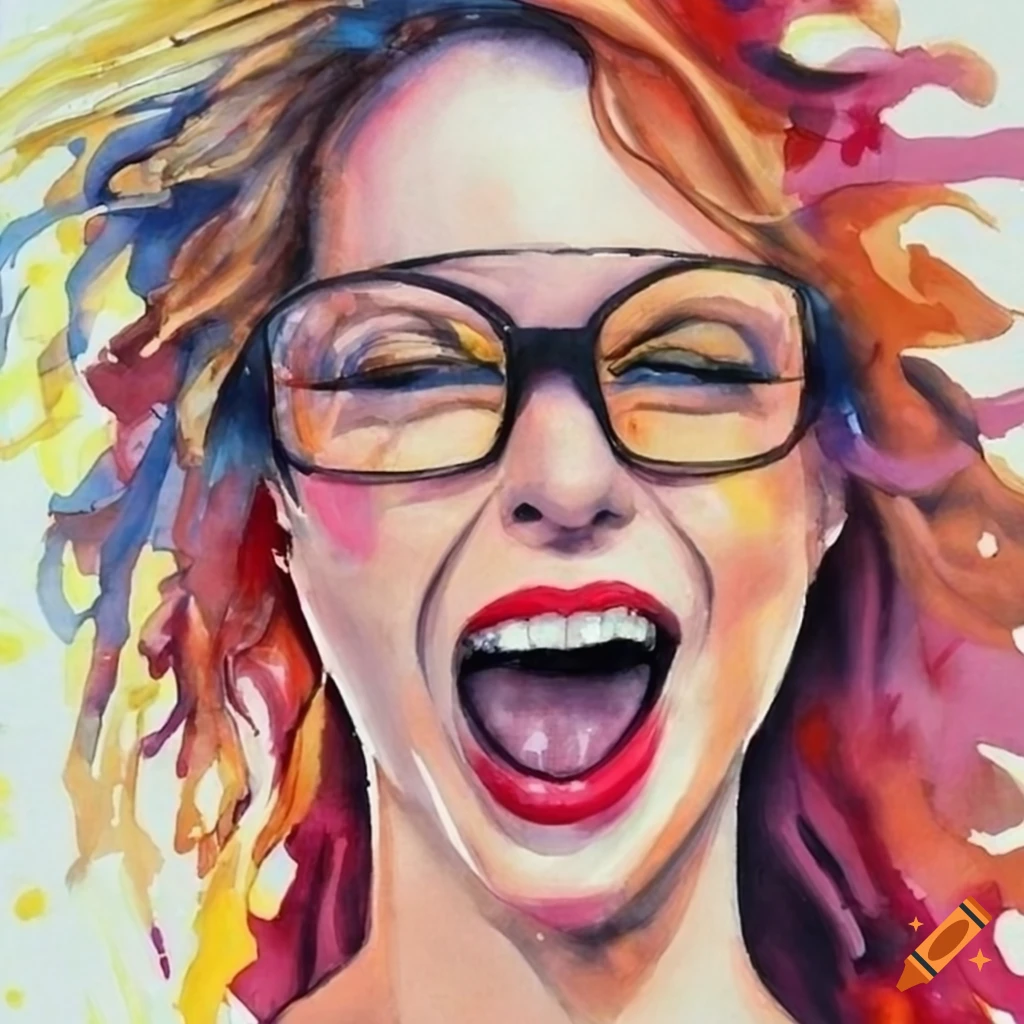 Woman wearing glasses laughing, water colour art