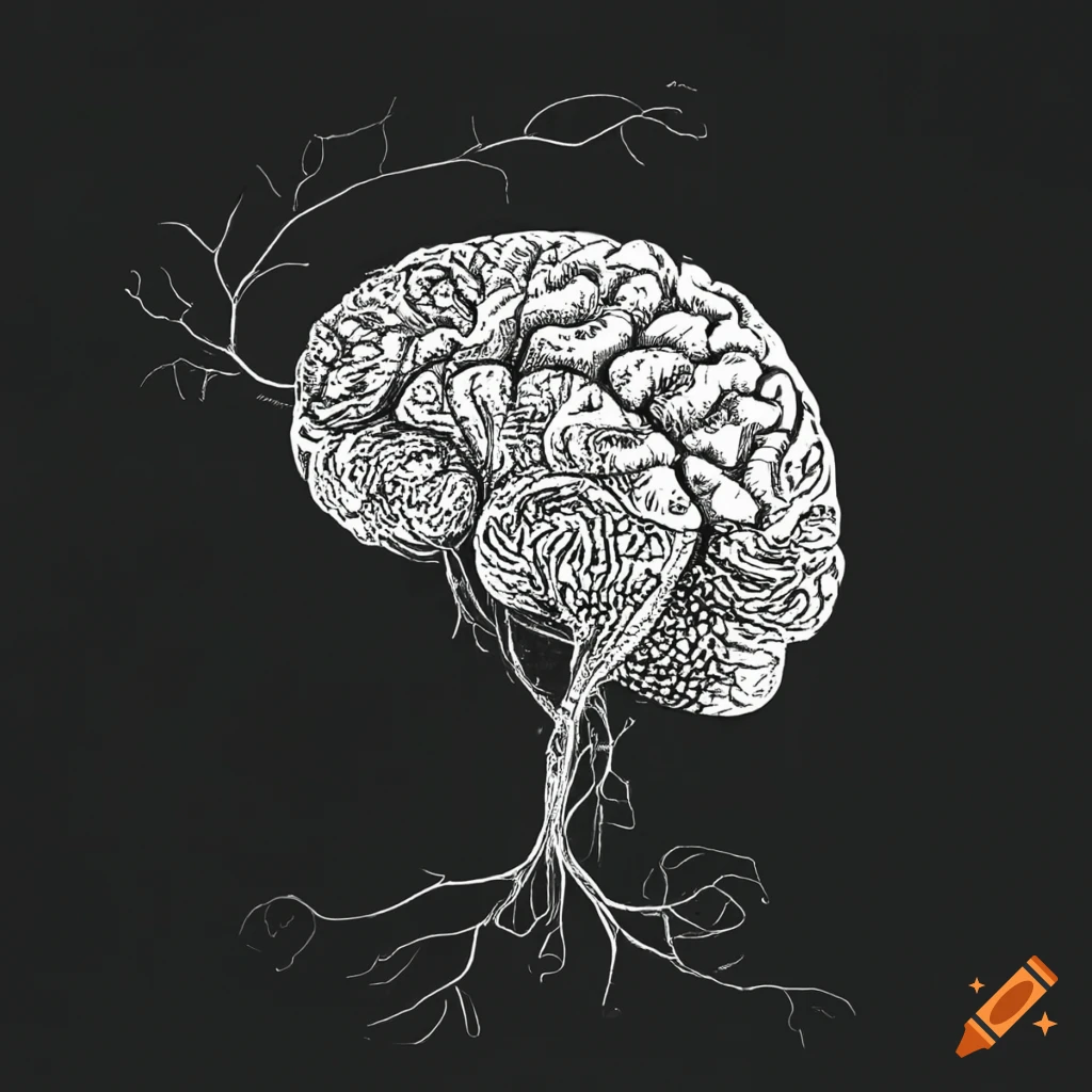 Scientific monochrome drawing of brain within big plant root system on ...