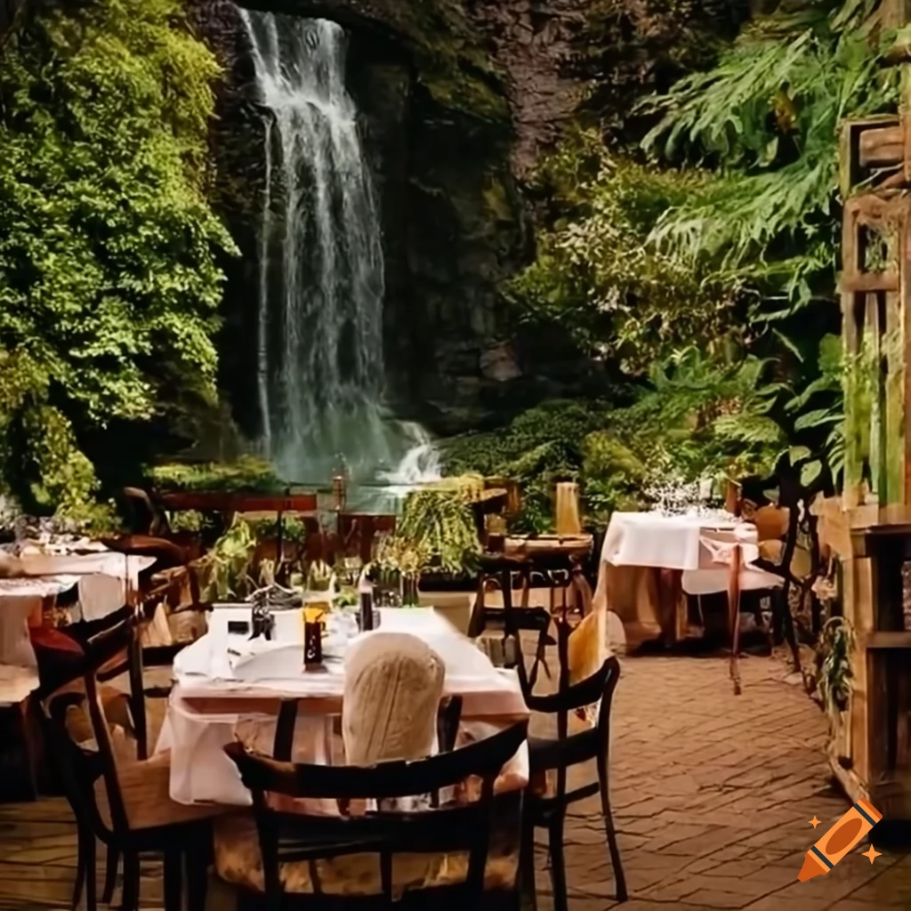 Outside if a nature themed restaurant with a waterfall on the right ...