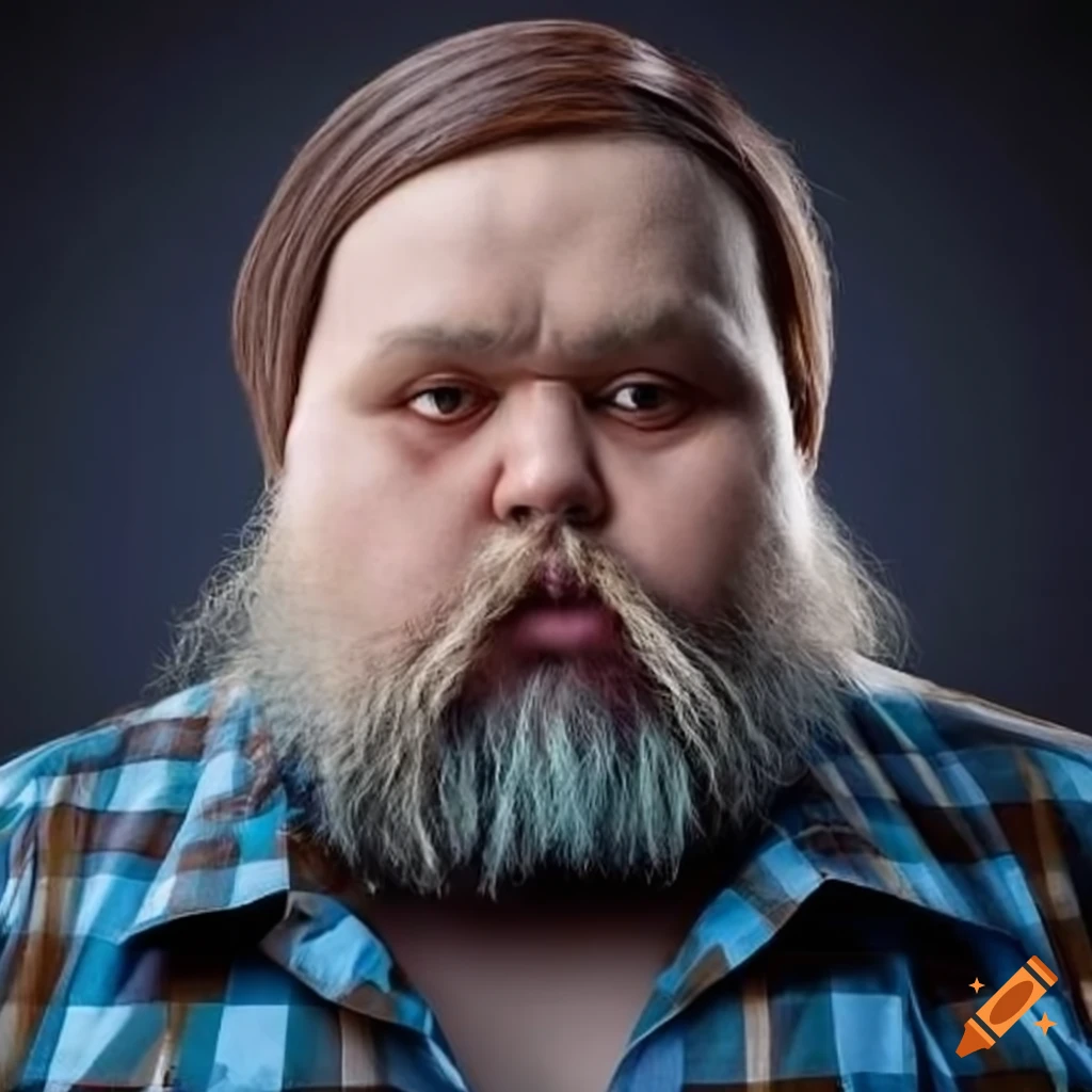 A russian bearded fat man wearing a blue flanneled shirt on Craiyon