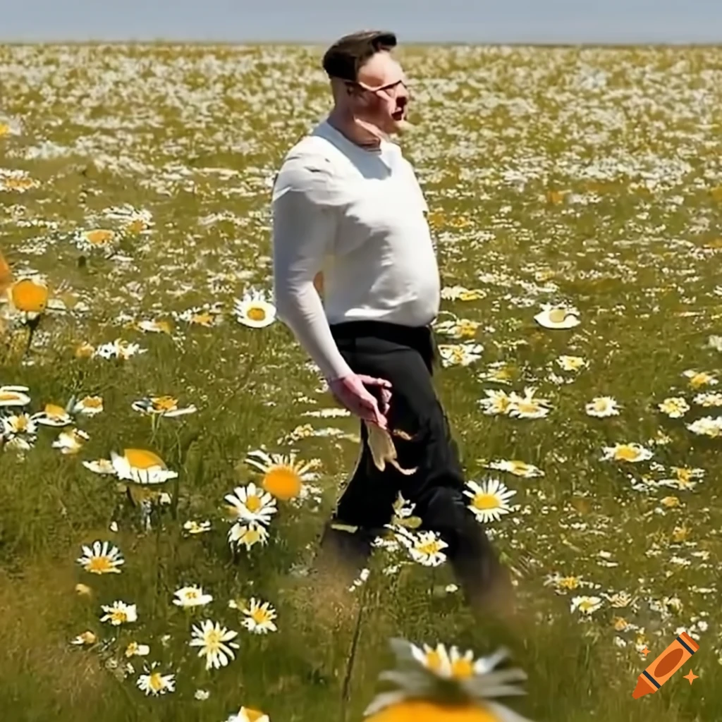 Elon musk walks through a field of daisies