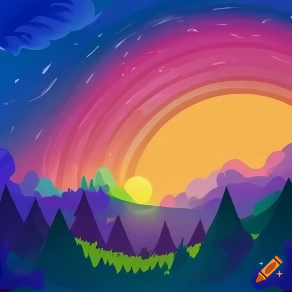 Childrens book illustration of a sunset landscape with hills and trees ...