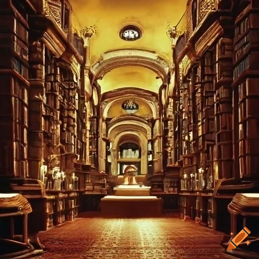 Library, golden books, bookshelfs on Craiyon