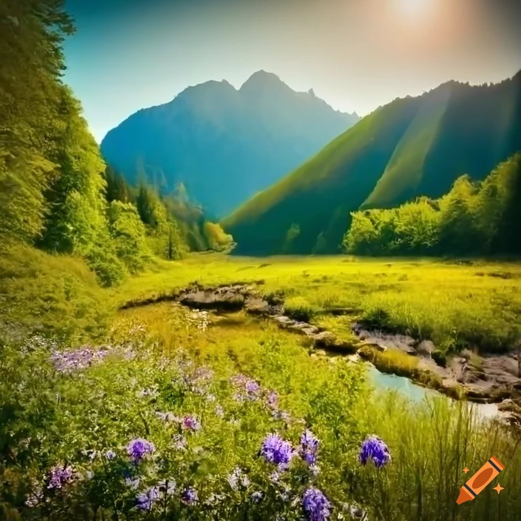 Scenic view of a grassy mountainside covered in trees and a long ...