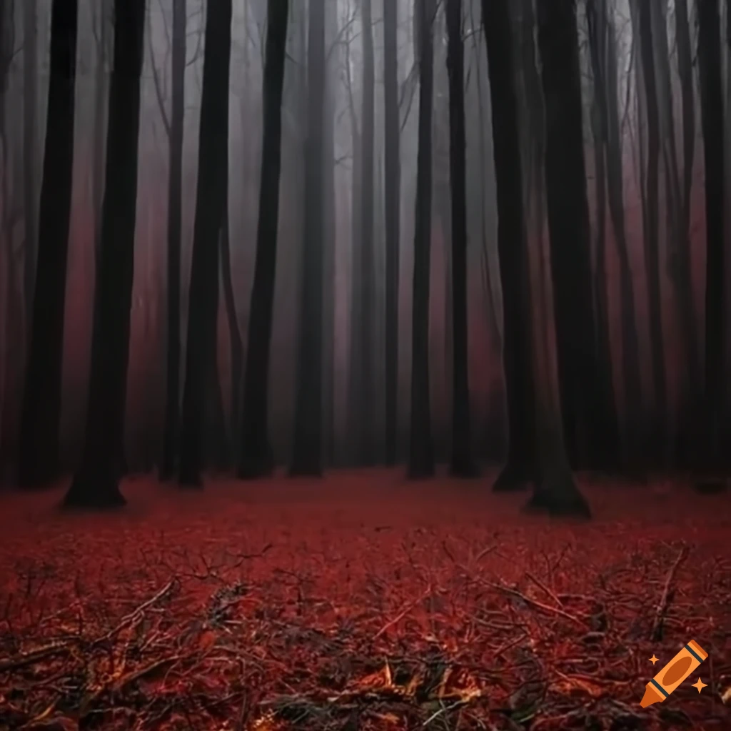 An eerie crimson forest with a dark creepy atmosphere and leaves ...