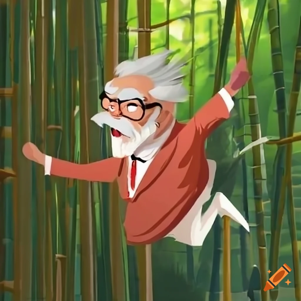 Colonel sanders running in the tree branches of a bamboo forest