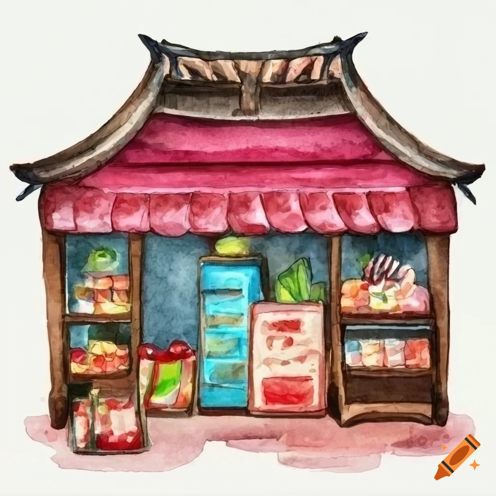 Watercolor illustration of an asian candy shop on white background on ...