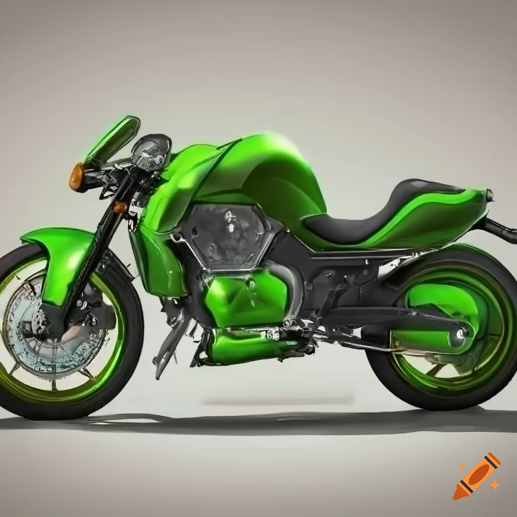 A green motorcycle with gold accents, side view, photorealistic on Craiyon
