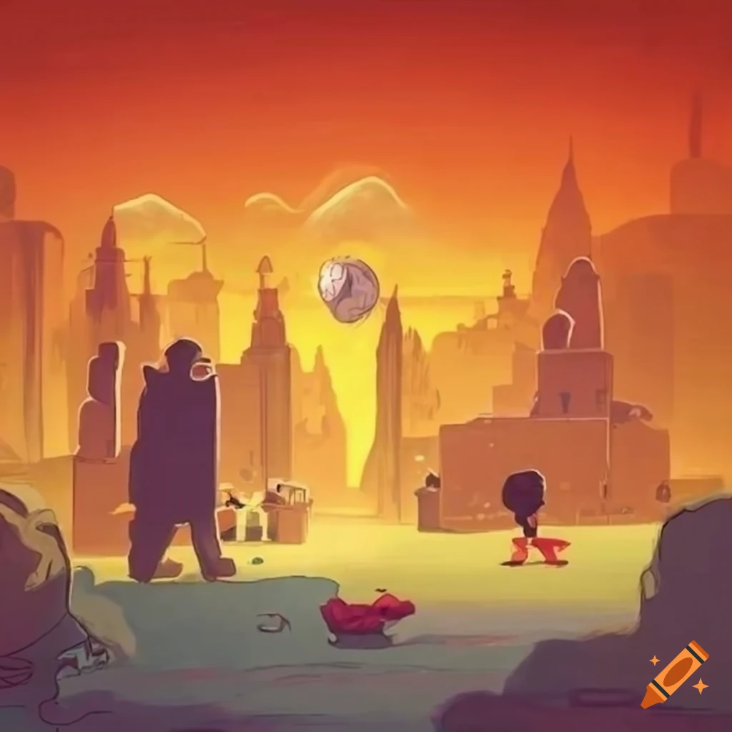 A scene in a side-scroller game with hand-drawn art inspired by 1950's optimistic retrofuturism ...