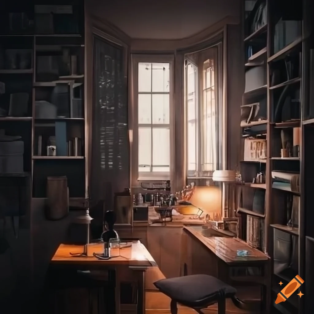 Minimalist style study room for a novelist with a view on a rainy ...