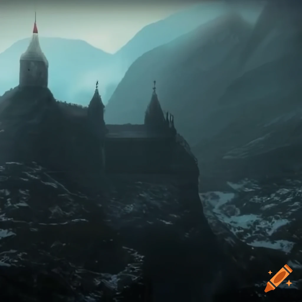 A massive fortress surrounded by mountains on both sides and to the ...