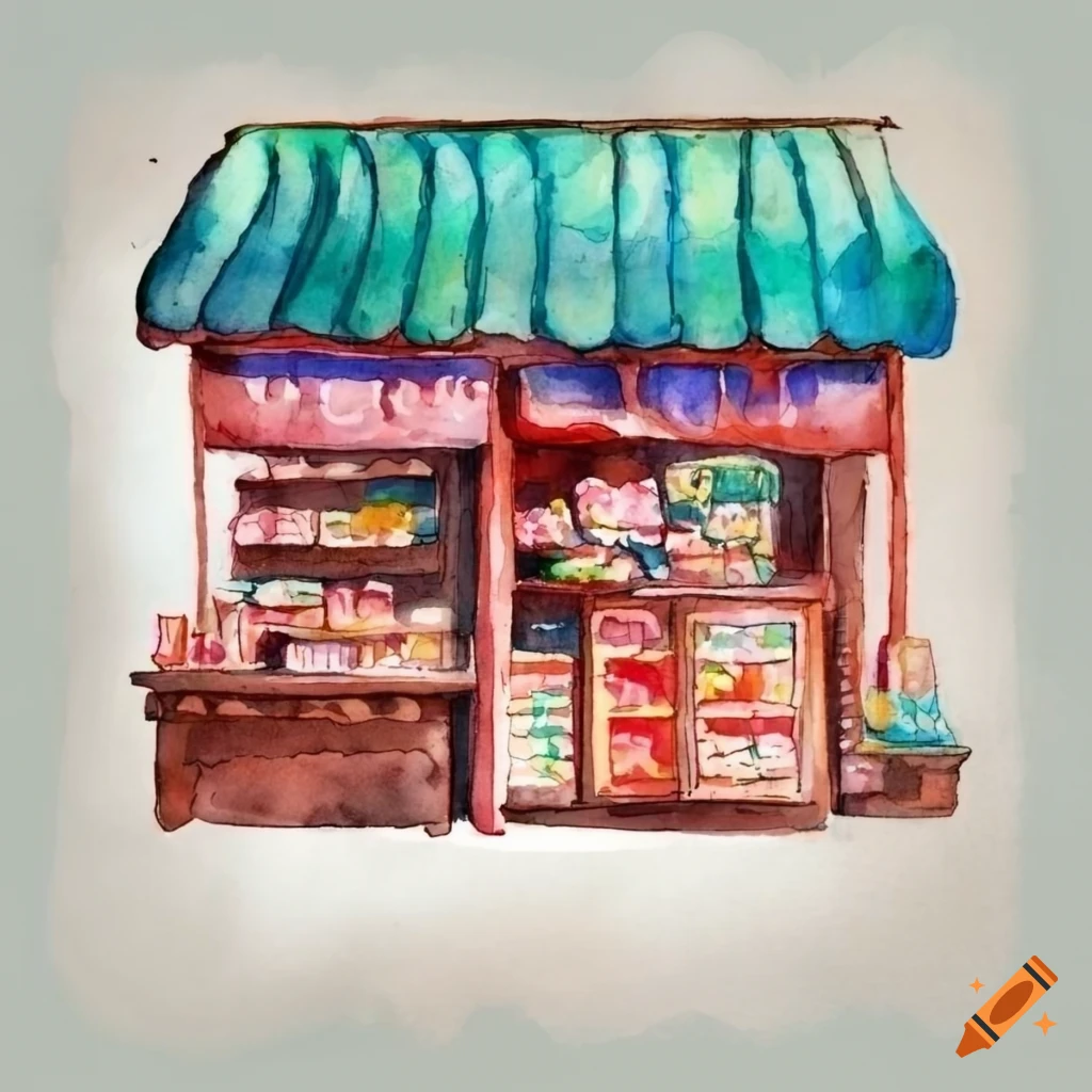 Watercolor illustration of an asian candy shop on white background on ...