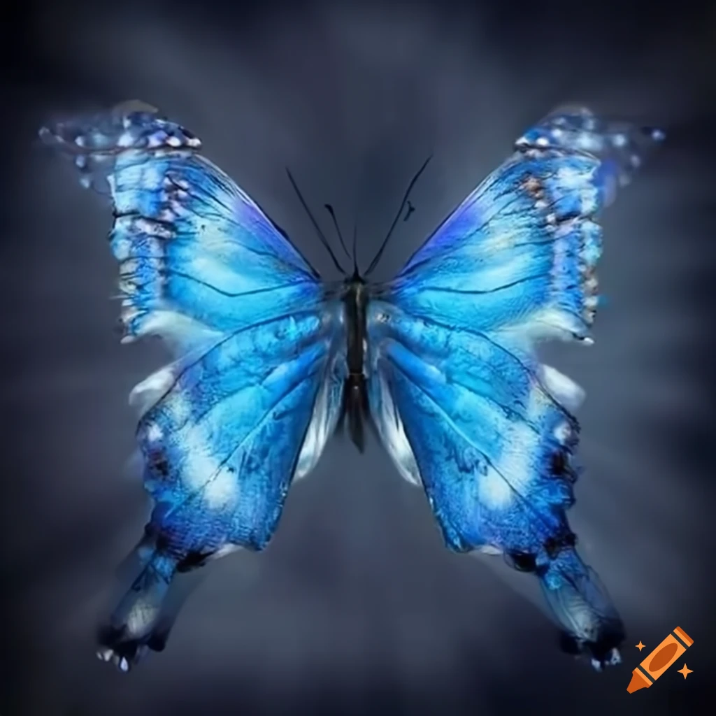 A digital blue butterfly with mechanical wings in a sci-fi setting on ...