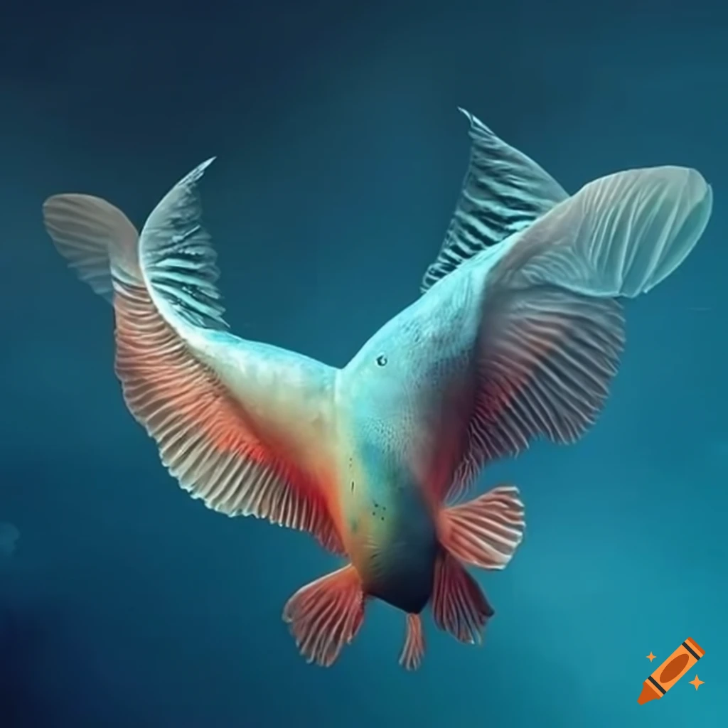 A surreal fish with wings floating in the sky