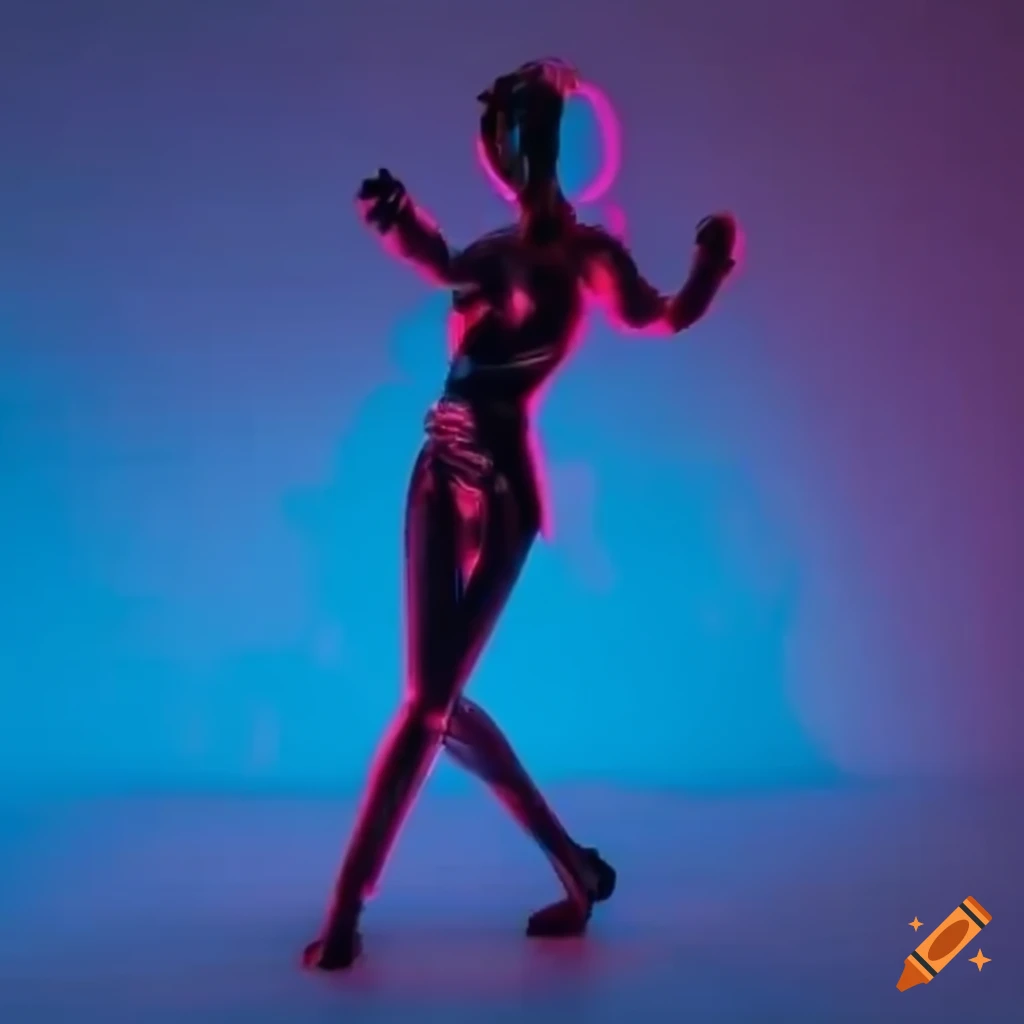 A female glass puppet dances in neon lights, A female metallic puppet ...
