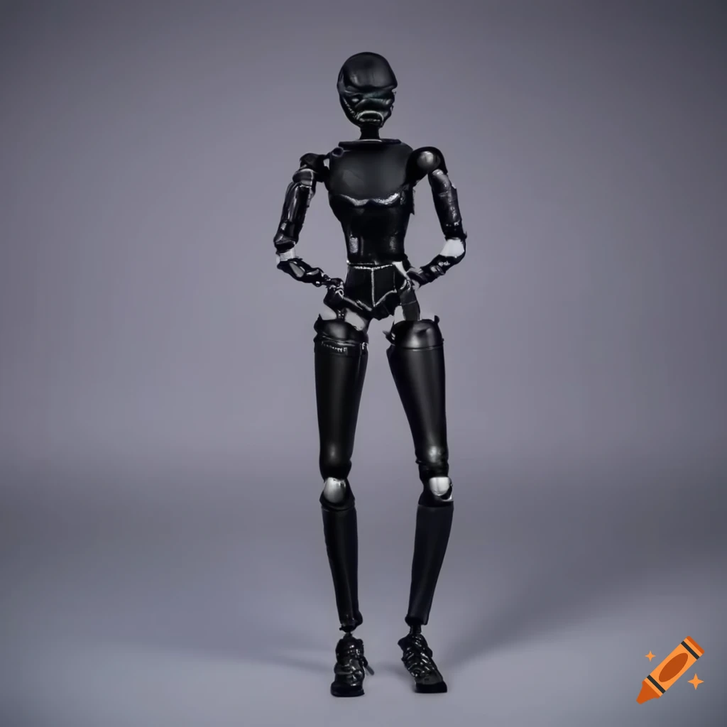 Tall black action female figure body humanoid robot, short legs