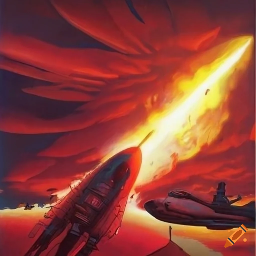70s sci fi red missile attack art on Craiyon