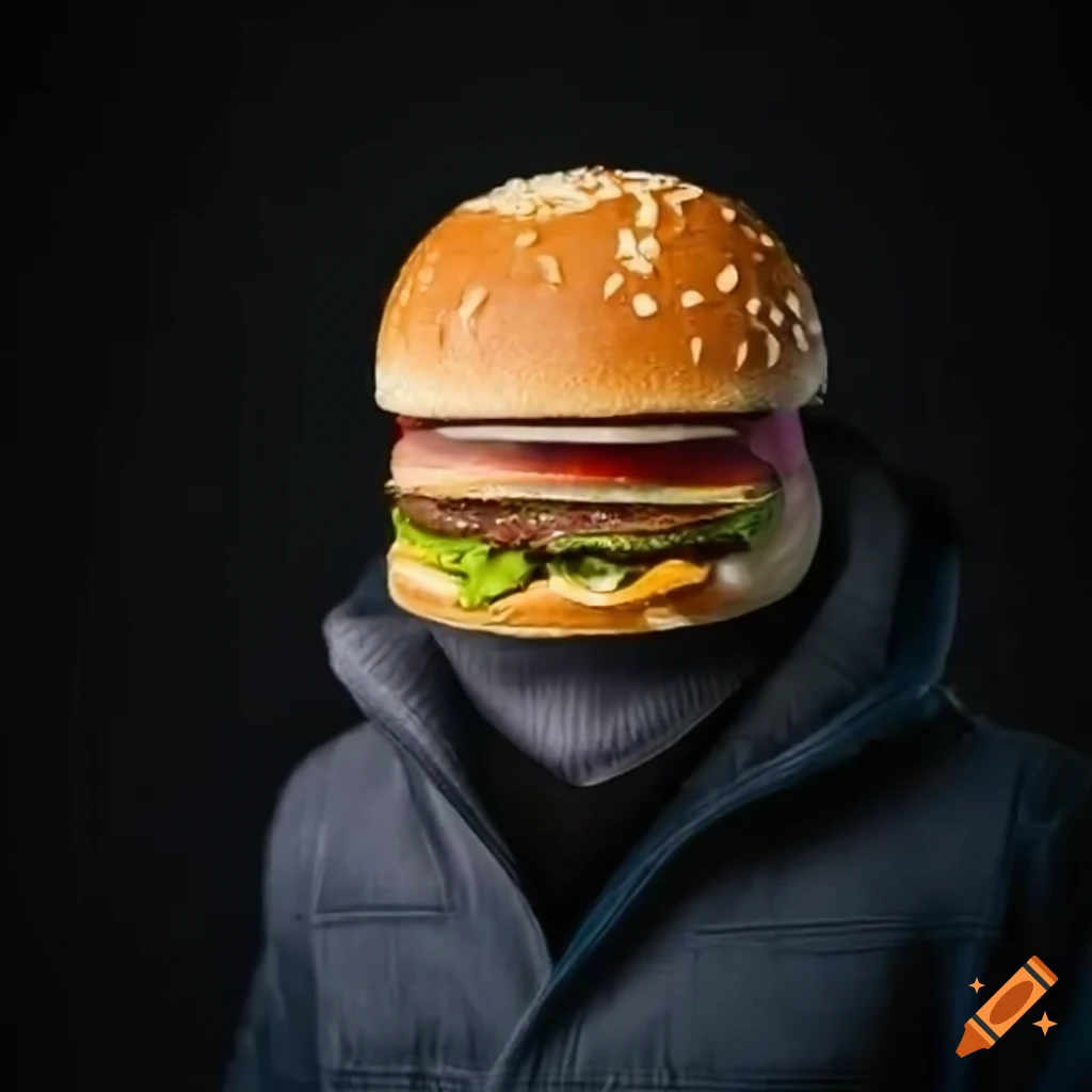 Man with burger head wearing jacket