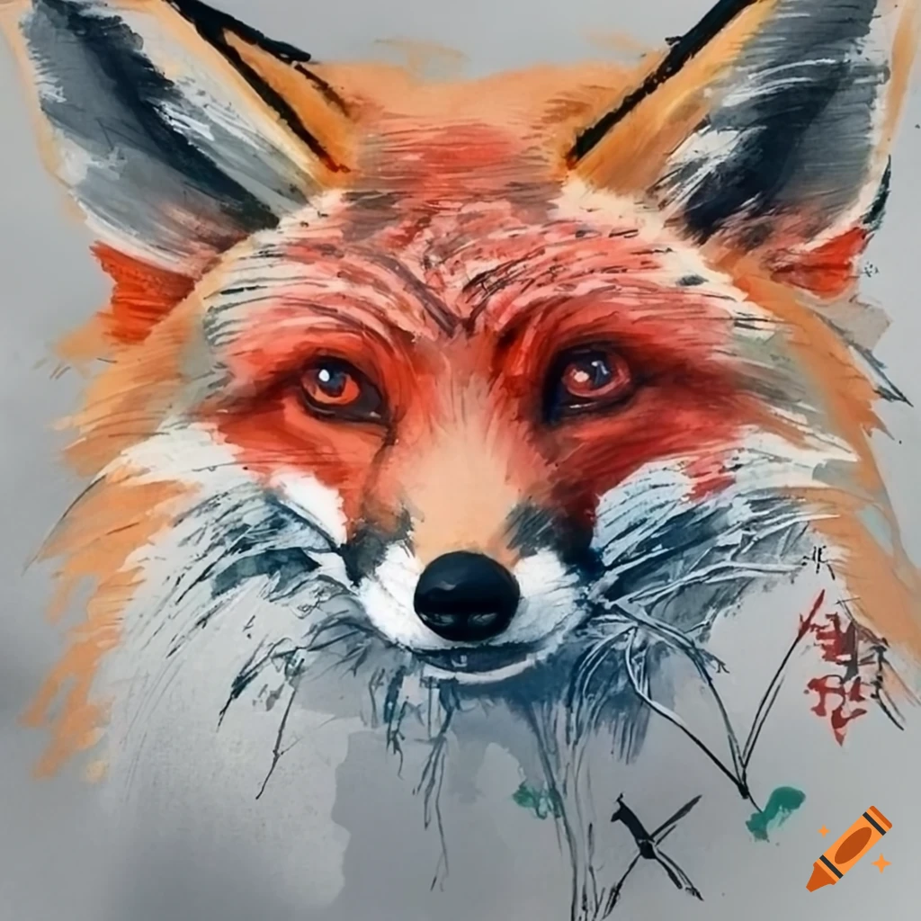 A red fox with japanese brushstroke art