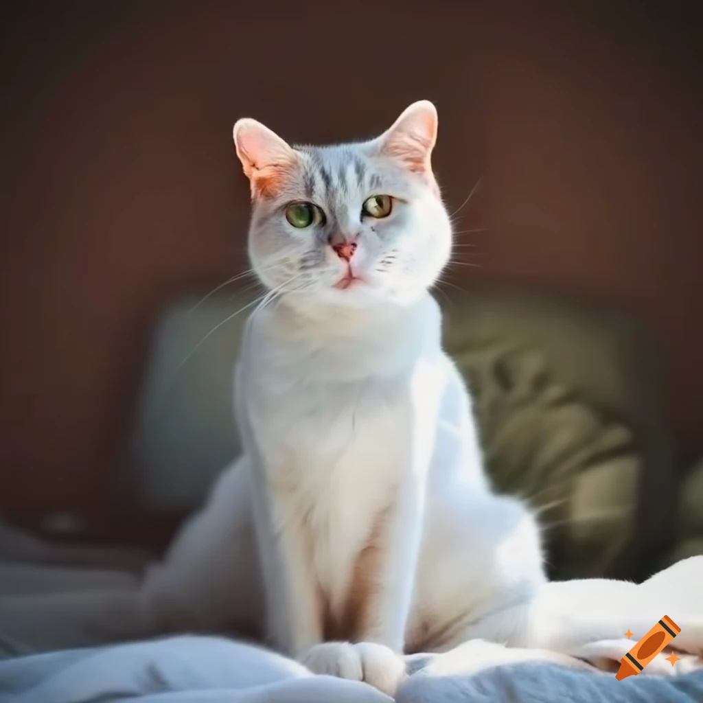 A white cat sitting in the sun on a cozy bed