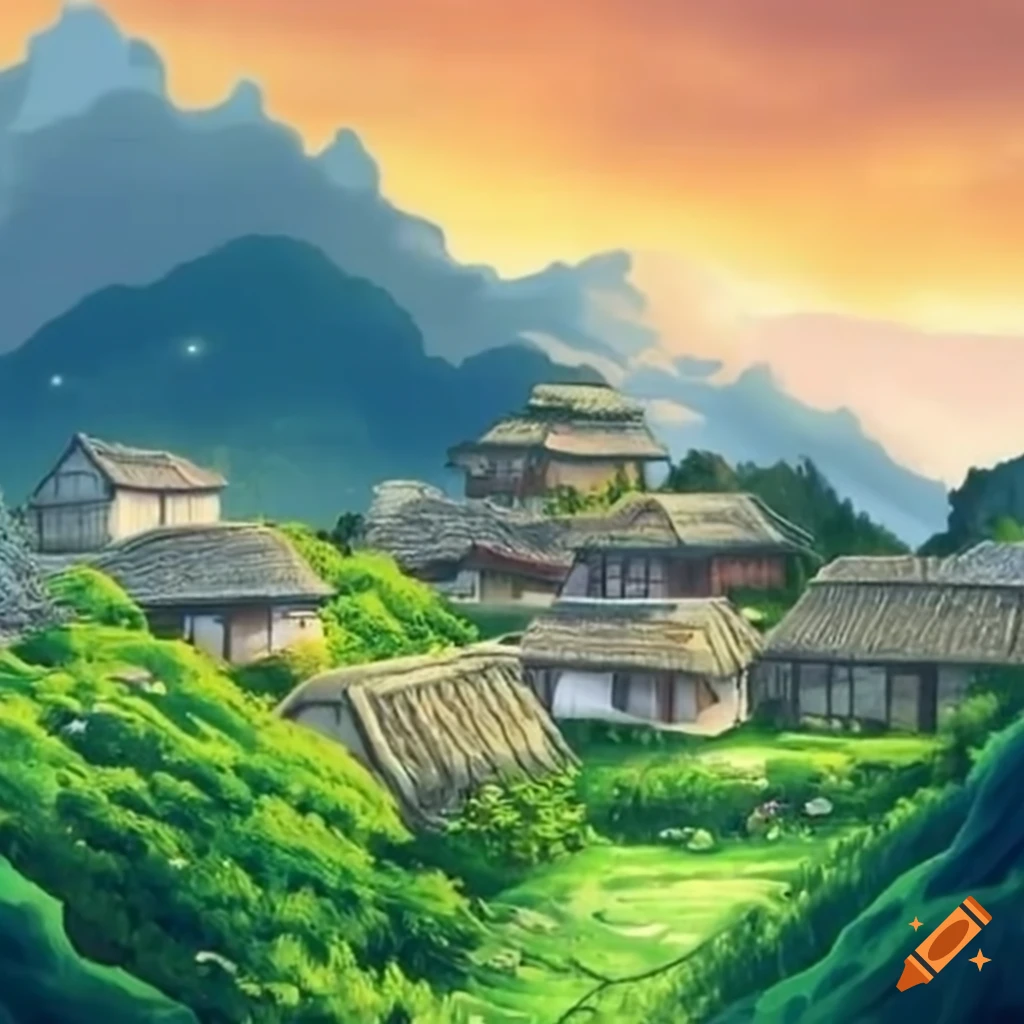 World from InuYasha, nature and small village in distance on Craiyon