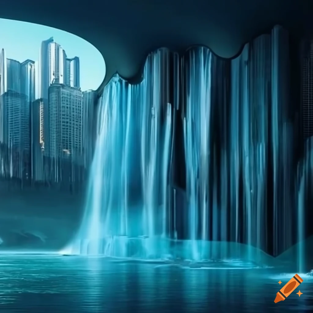 A surreal modern metropolis with streaming waterfalls built into it
