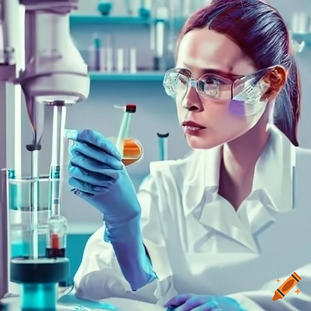 Female biochemist conducting experiment in the lab surrounded by ...