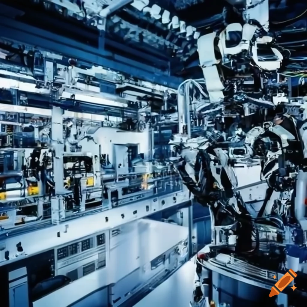 High-tech factory with robotic arms in action on Craiyon