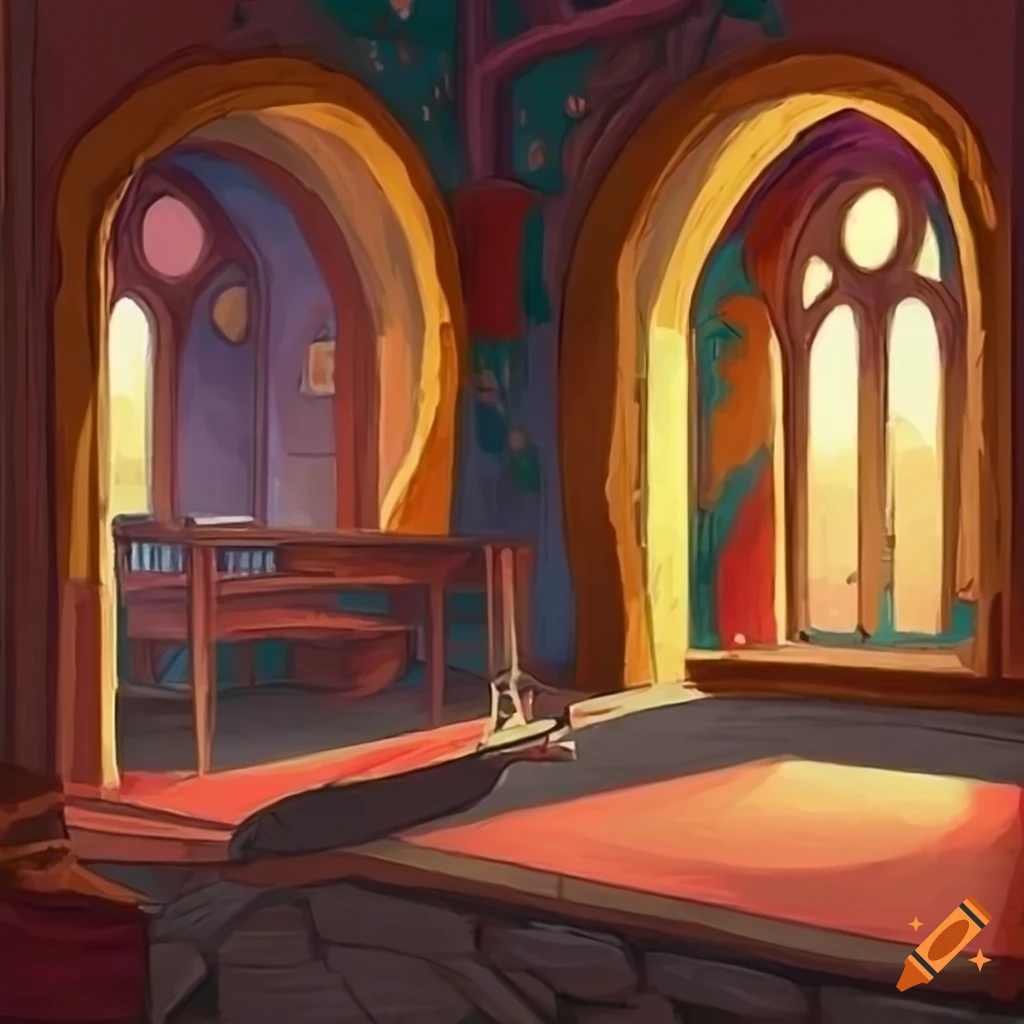 Colorful 2d illustration of a medieval school interior on artstation on ...